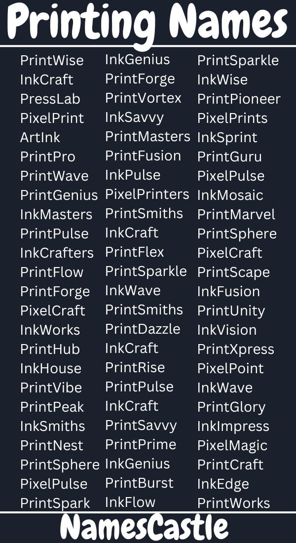 500+ Printing Names Unique Creative Stylish Cool & Catchy